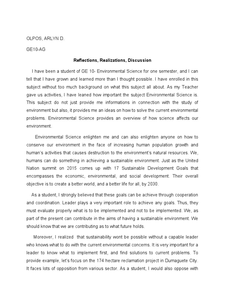 Reflections, Realizations, Discussion | PDF | Sustainability | Science