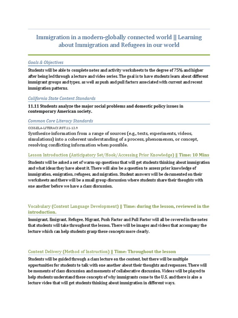 Lesson Plan For Global Citizenship Project | PDF | Immigration | Human ...