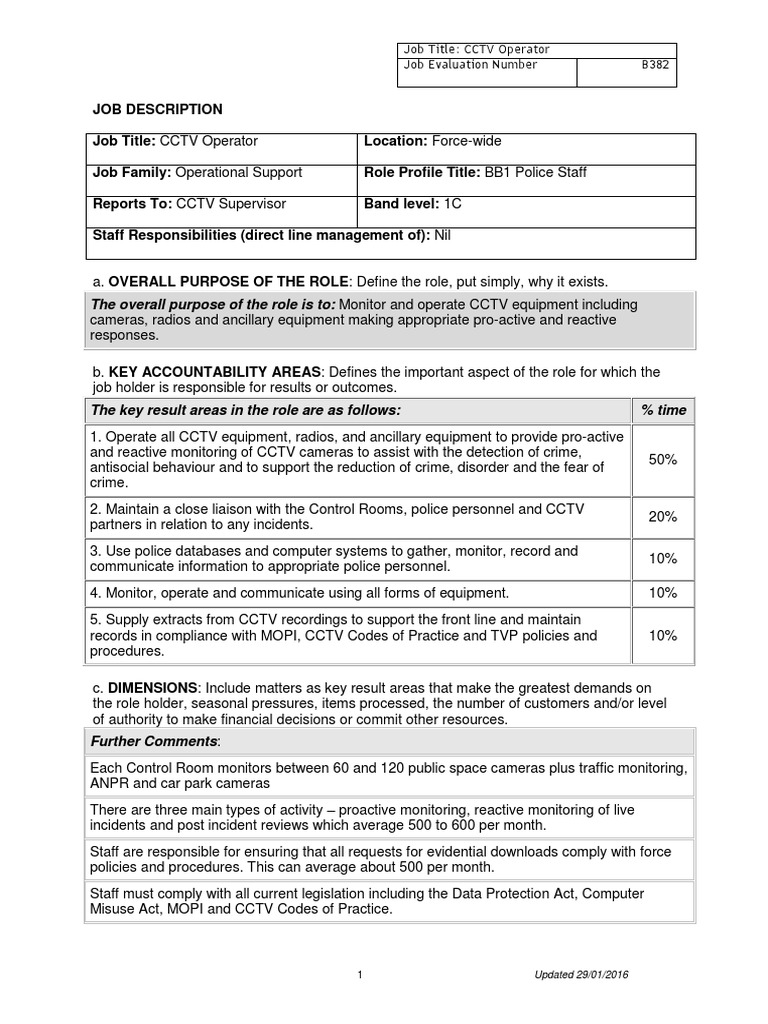 CCTV Operator Job Description | PDF | Closed Circuit Television | Police