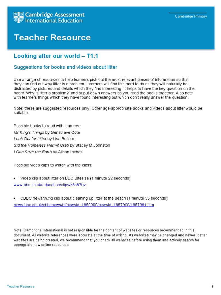 Teacher Resource - Looking After Our World - T1.1 - tcm142-467431 | PDF
