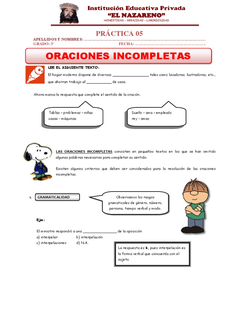 Oraciones Incompletas para Tercer Grado | PDF