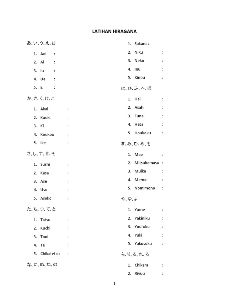 Latihan Menulis Dan Membaca Hiragana | PDF