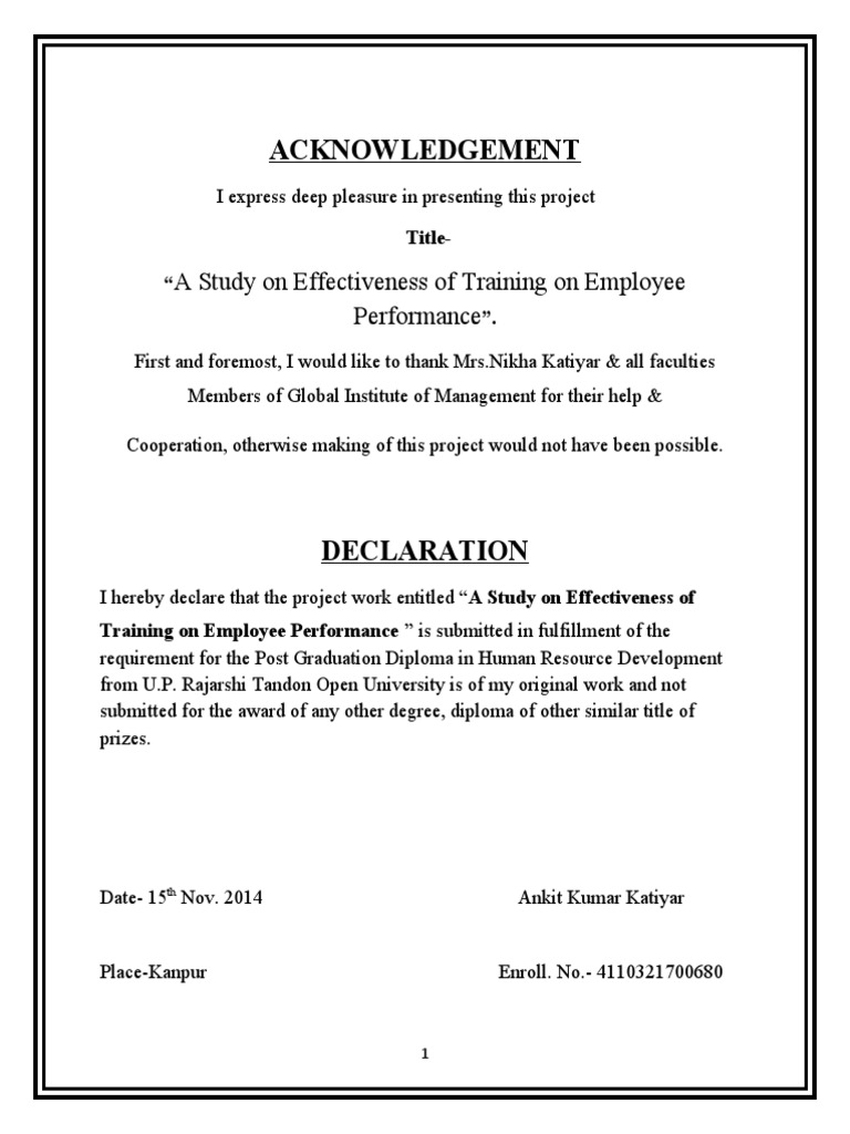 Acknowledgement: A Study On Effectiveness of Training On Employee ...