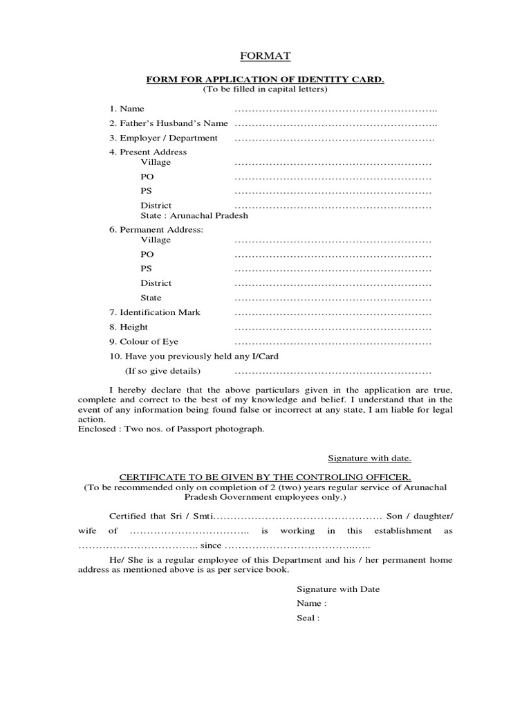 Form For Application of Identity Card: Format | PDF