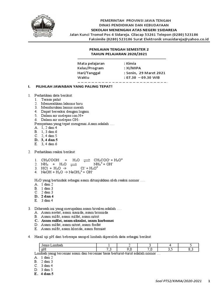 Soal PTS Kimia Kelas XI MIPA 2021 | PDF