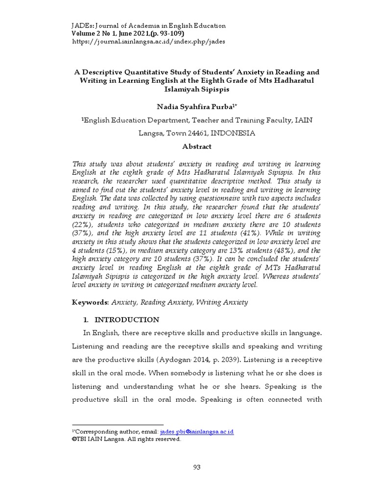 Jades: Journal of Academia in English Education Volume 2 No 1, June ...