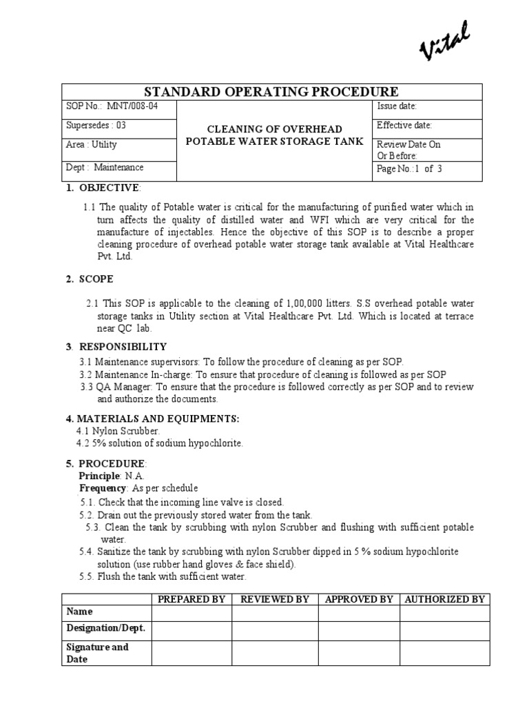 MNT 008-03 Cleaning of Overhead Potable Water Storage Tank | PDF ...