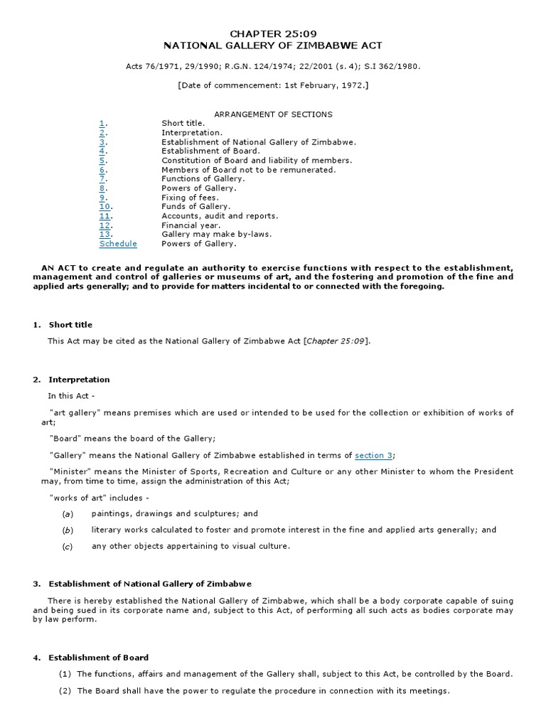National Gallery of Zimbabwe Act Overview | PDF | Bankruptcy | Government