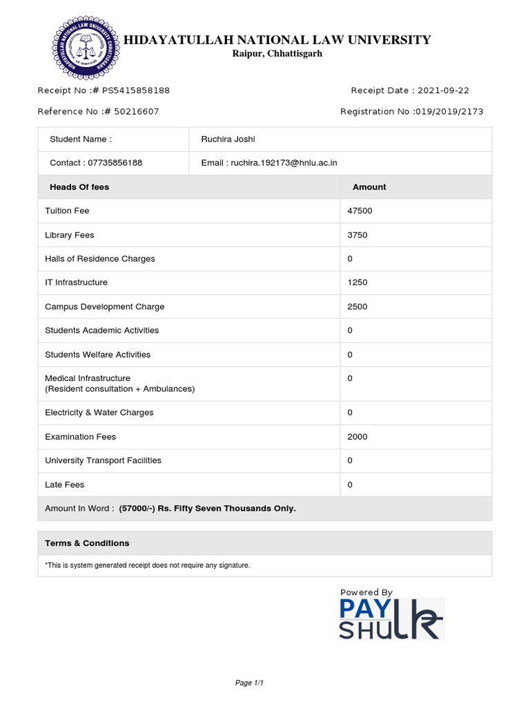 HNLU Fee Receipt for Ruchira Joshi | PDF