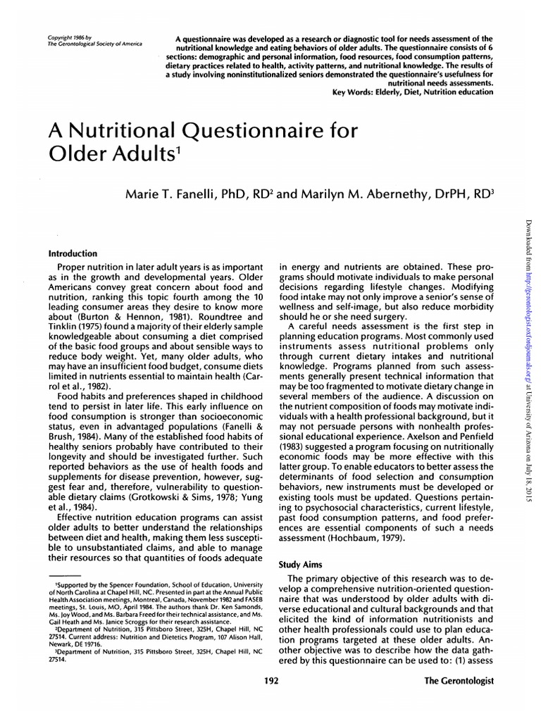 A Nutritional Questionnaire For | PDF | Foods | Diet (Nutrition)