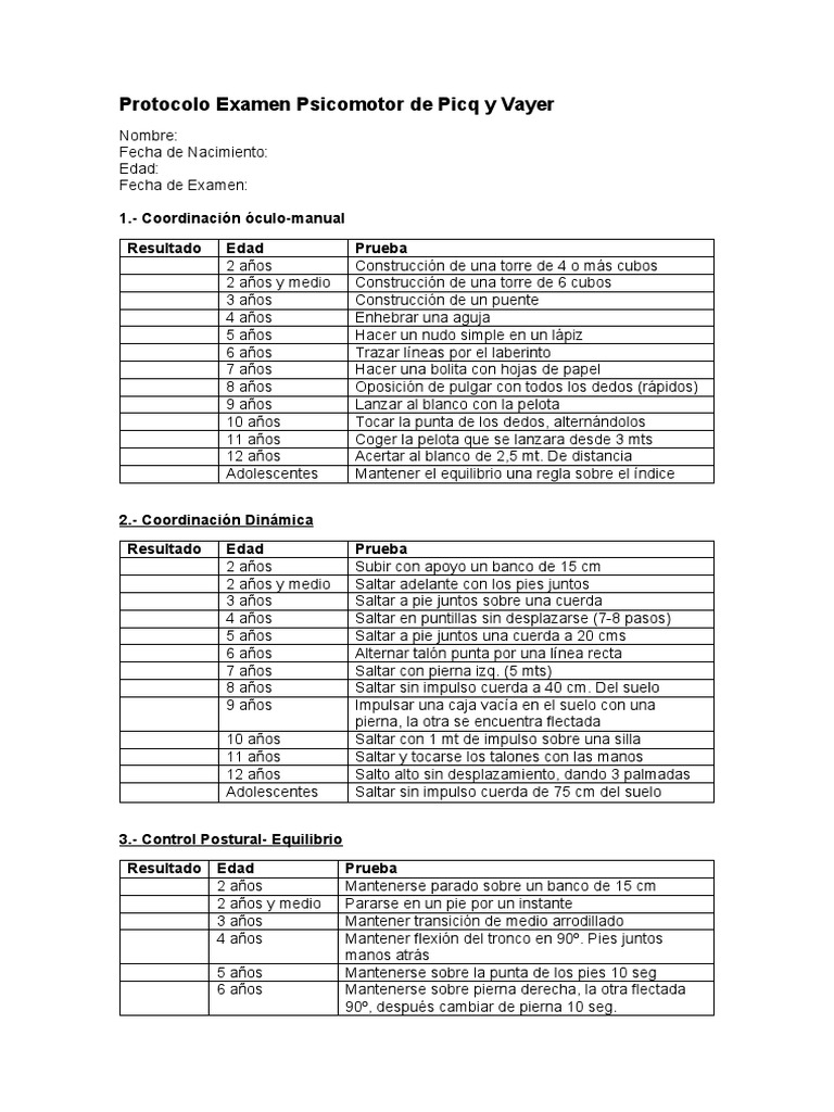 Protocolo Examen Psicomotor de Picq y Vayer | PDF | Pie | Mano