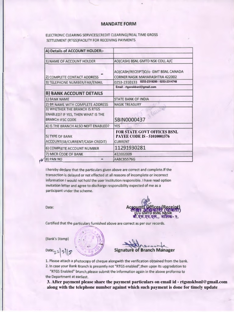 Mandate Form for Setting Up Electronic Clearing and Real Time Gross ...
