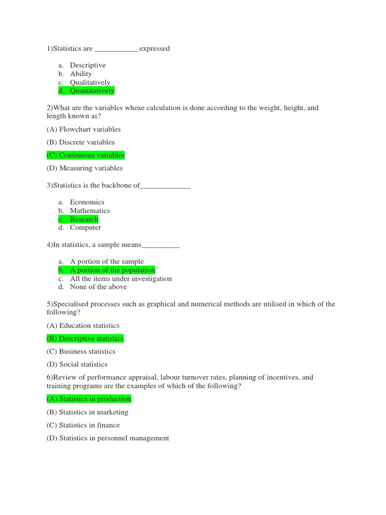 Statistics MCQs | PDF | Mean | Statistics