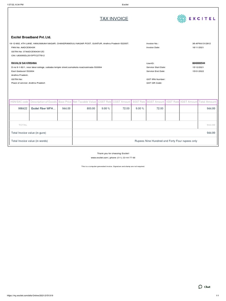 Tax Invoice: Excitel Broadband Pvt. LTD | PDF | Economies | Public Finance