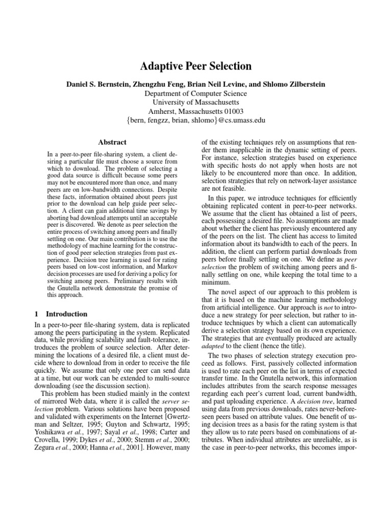 Adaptive Peer Selection: Daniel S. Bernstein, Zhengzhu Feng, Brian Neil ...