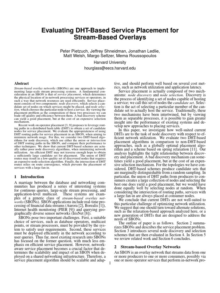 Evaluating DHT-Based Service Placement For Stream-Based Overlays | PDF | Routing | Computer Network
