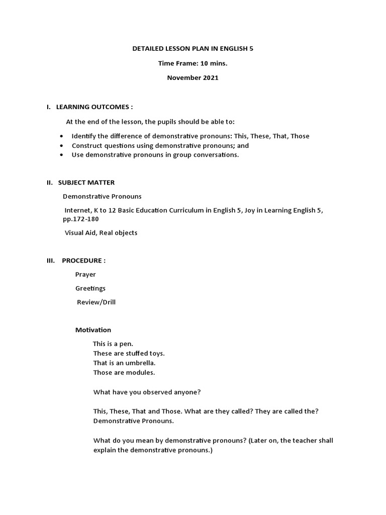 Detailed Lesson Plan in English 5 Time Frame: 10 Mins. November 2021 ...