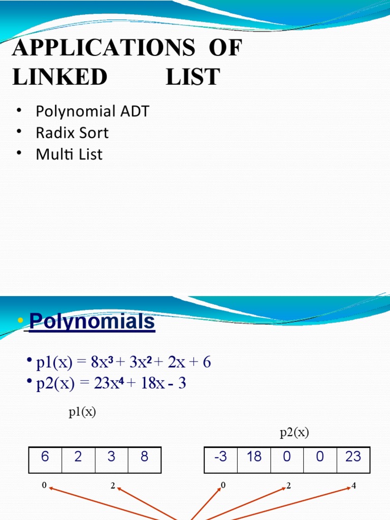 Applications of Linked List: - Polynomial ADT - Radix Sort - Multi List ...