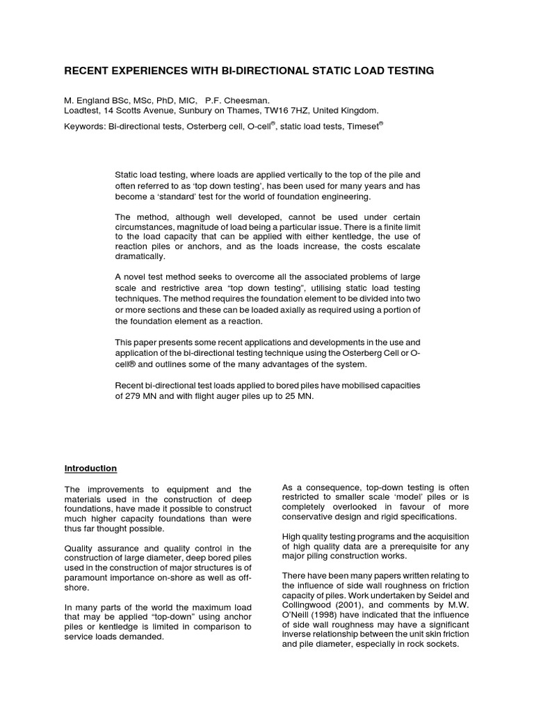 Recent Experiences With Bi-Directional Static Load Testing 040506 ...