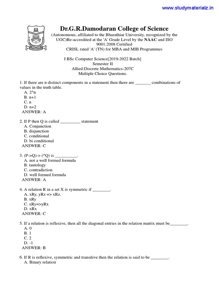 MCQ DM For Unit 2 Combinatorics | PDF | Vertex (Graph Theory ...