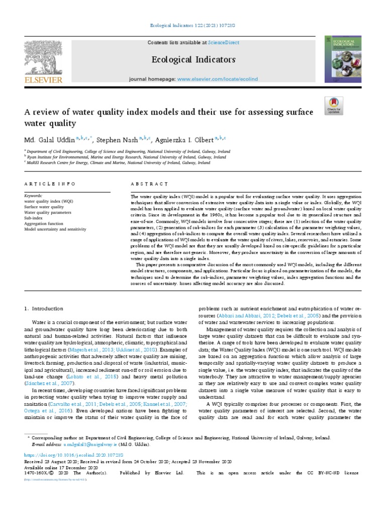 Ecological Indicators: Md. Galal Uddin, Stephen Nash, Agnieszka I. Olbert | PDF | Water Quality ...