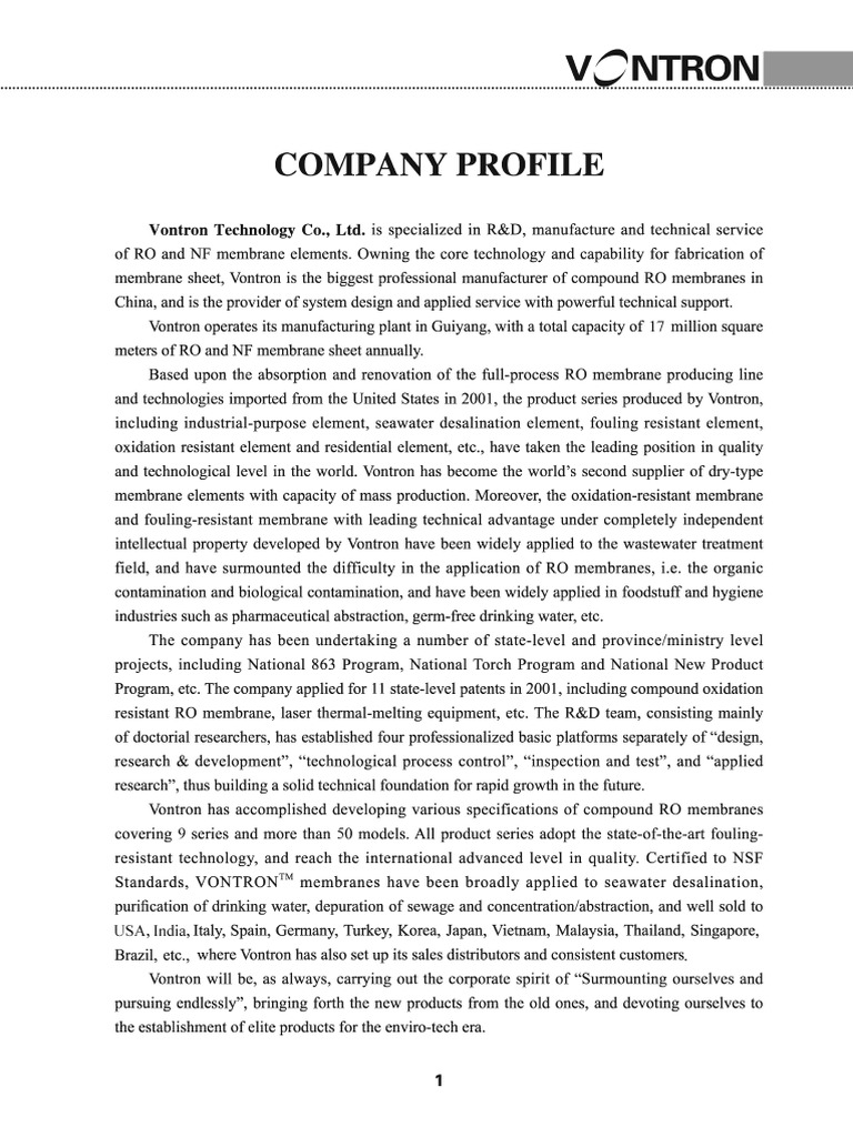 Vontron Membrane Technical Data Sheet & Catalogue | PDF
