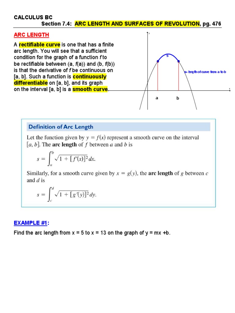 Arc Length: Calculus BC Section 7.4: Arc Length and Surfaces of ...
