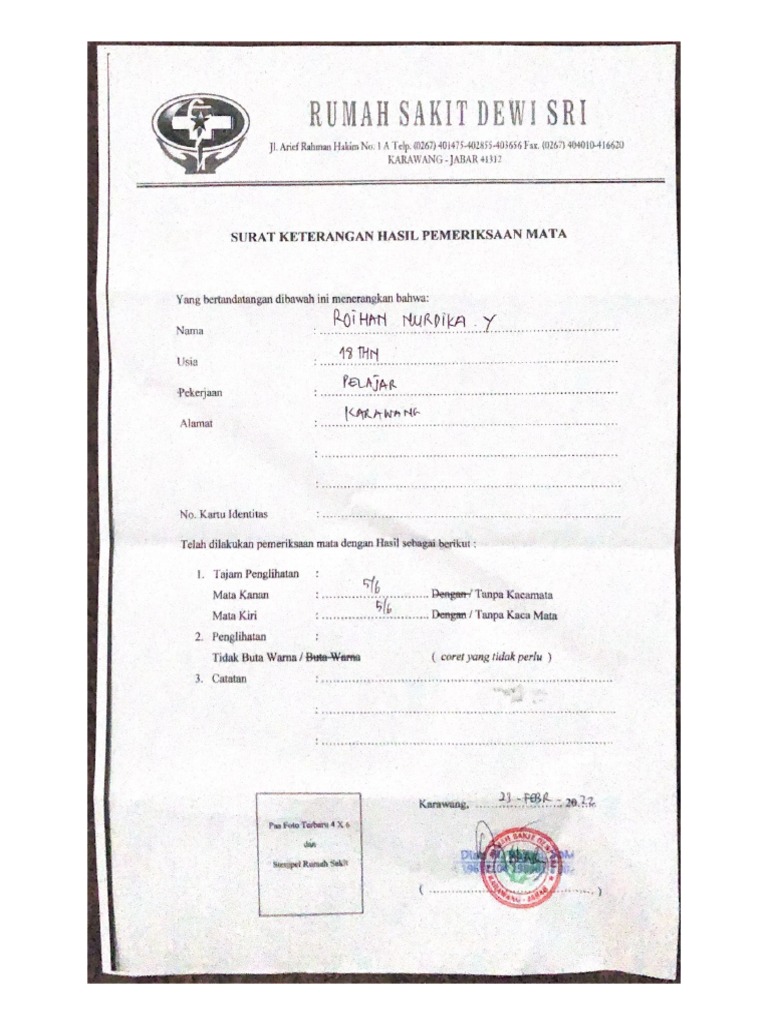 Surat Keterangan Hasil Pemeriksaan Mata | PDF