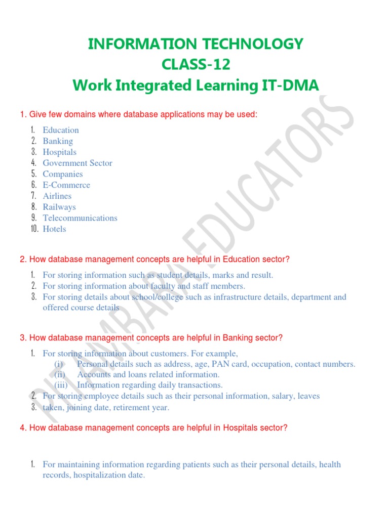 Information Technology CLASS-12 Work Integrated Learning IT-DMA | PDF ...