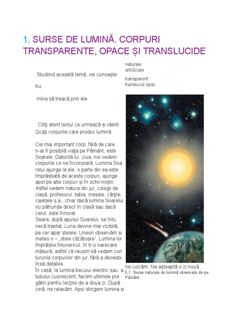 Surse de Lumina. Corpuri Transparente, Opace Si Translucide | PDF