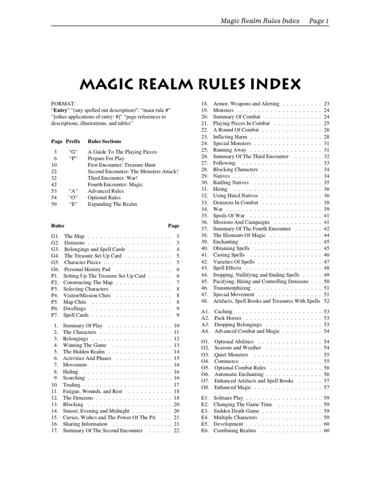 Magic Realm Rules Index: Page Prefix Rules Sections | PDF
