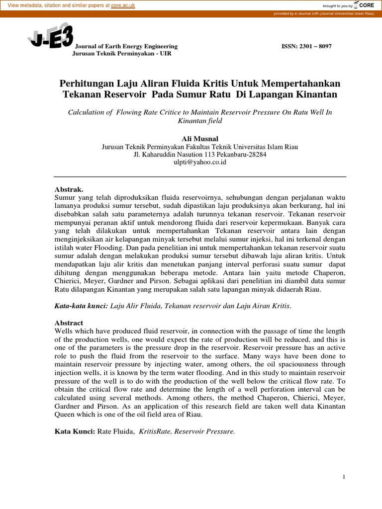 Perhitungan Laju Aliran Fluida Kritis Untuk Mempertahankan Tekanan ...