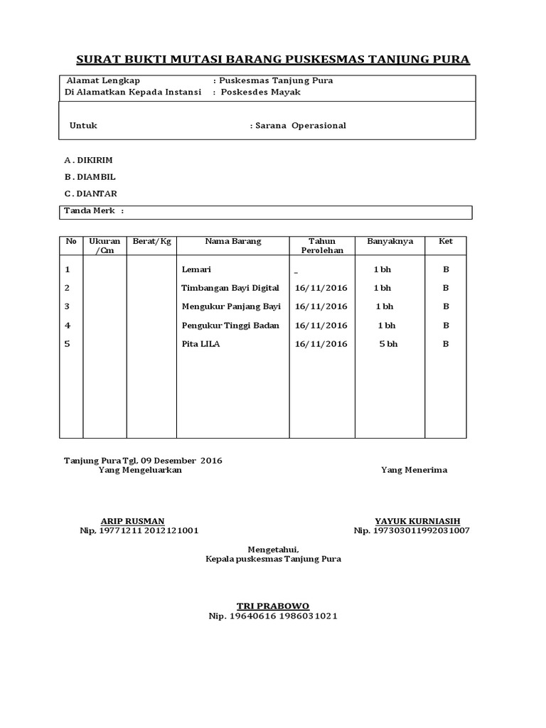 Surat Bukti Mutasi Barang Puskesmas Tanjung Pura | PDF