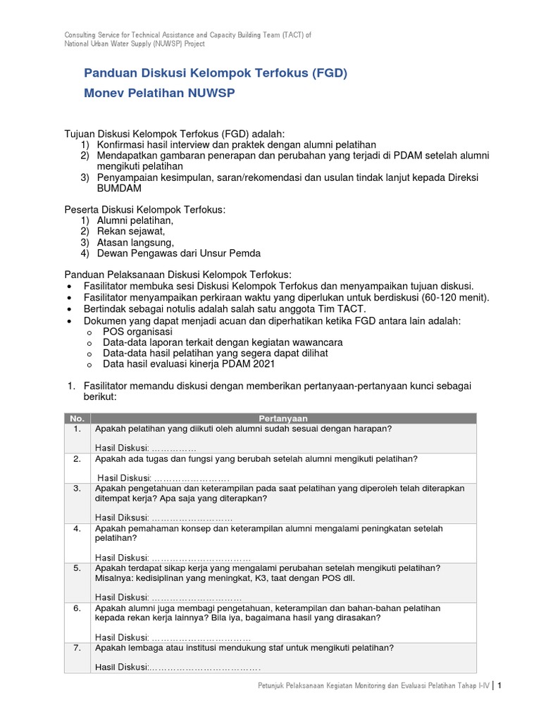 Panduan FGD Evaluasi Pelatihan NUWSP | PDF