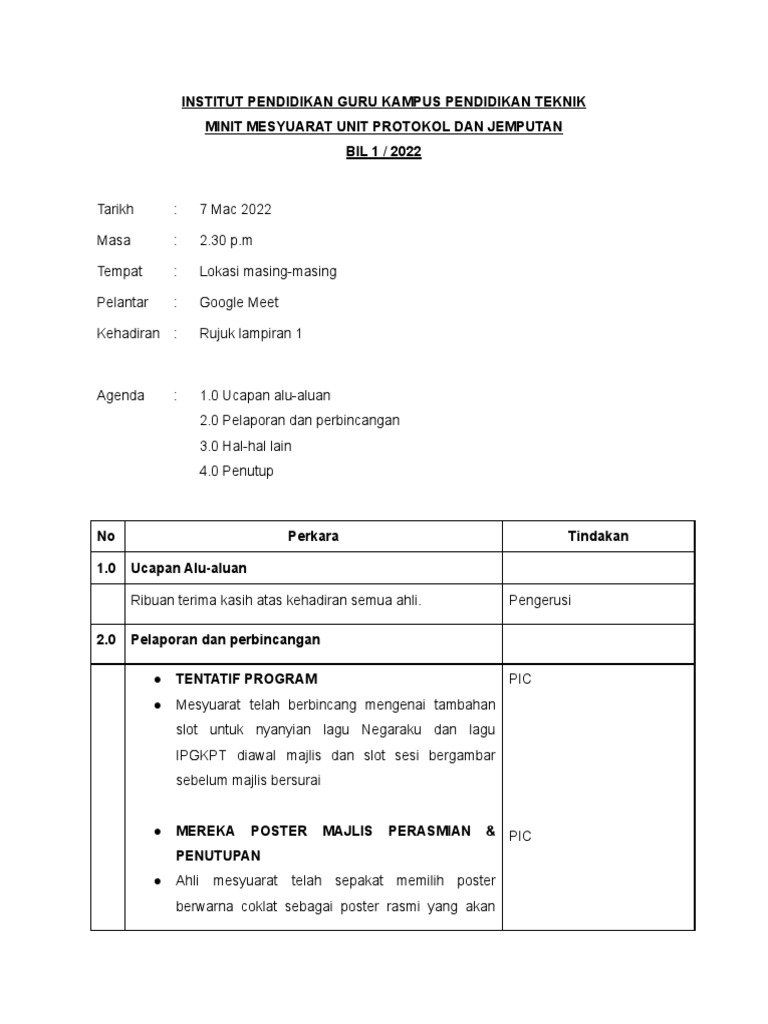 Minit Mesyuarat Unit Protokol Dan Jemputan | PDF