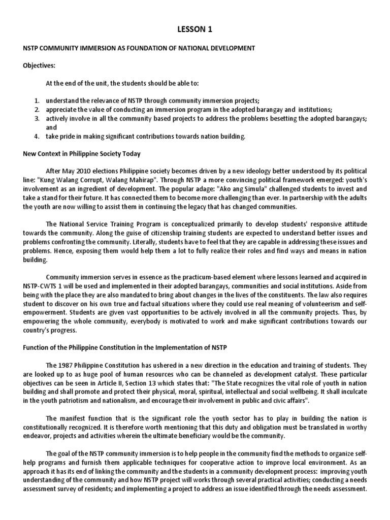 Lesson 1: NSTP Community Immersion As Foundation of National ...