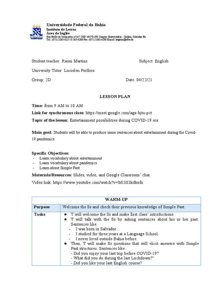 English Lesson: Simple Past & Entertainment | PDF | Lesson Plan | Human ...