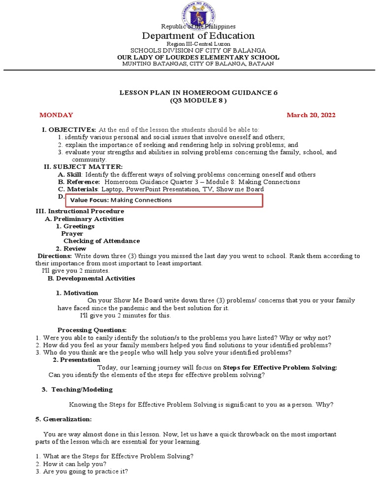 Lesson Plan in Homeroom Guidance 6 Quarter 3 Week 5 | PDF | Pedagogy ...