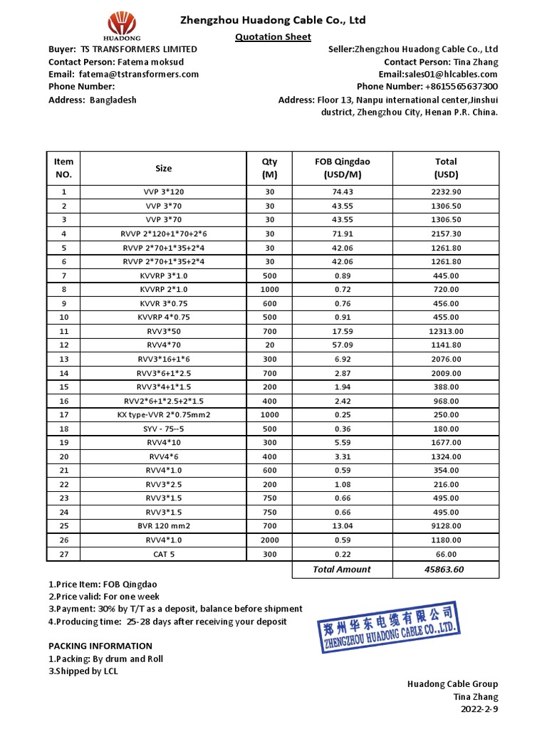 CCV Line Cable Quotation-20220209 | PDF | Trade | Business Law