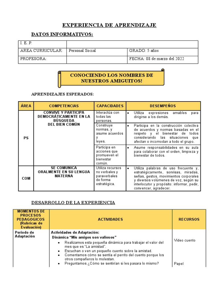 EXPERIENCIA DE APRENDIZAJE 5 Años | PDF | Evaluación | Aprendizaje
