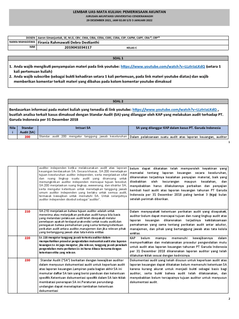 LEMBAR JAWABAN UAS AUDIT 1 Firania RDD | PDF