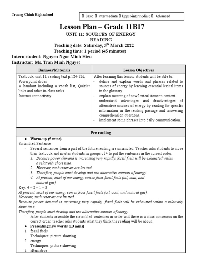 Lesson Plan Unit 11 Reading Grade 11 | PDF | Energy Development | Fuels