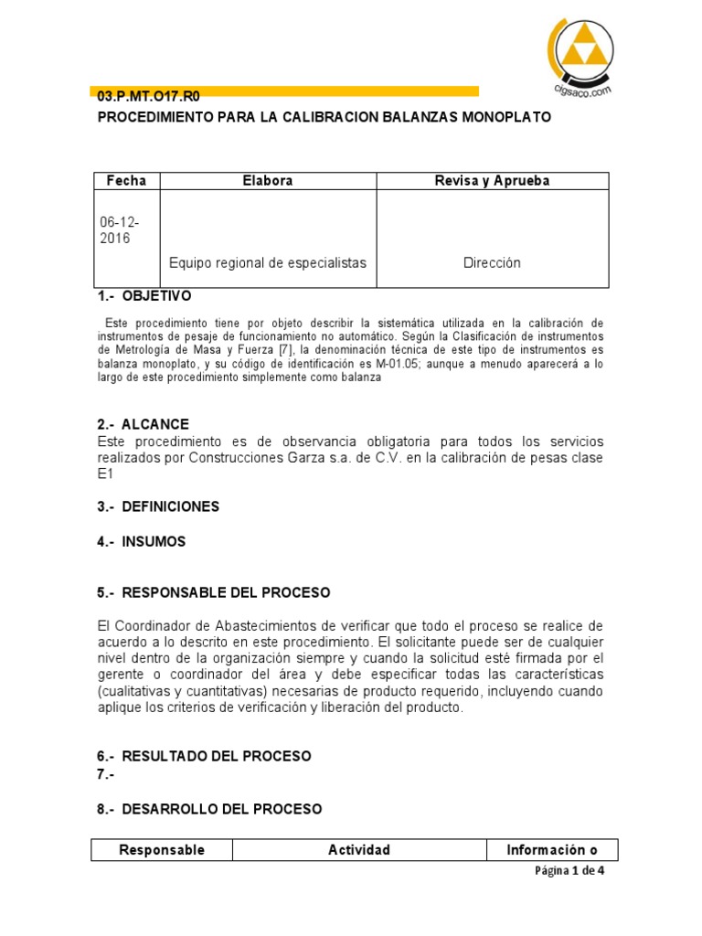 17.procedimiento para La Calibracion de Balanzas Monoplato | PDF ...