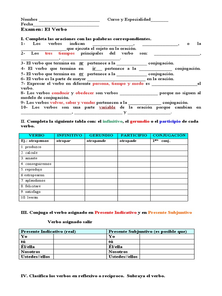 Examen Verbo | PDF | Verbo | Conjugación gramatical