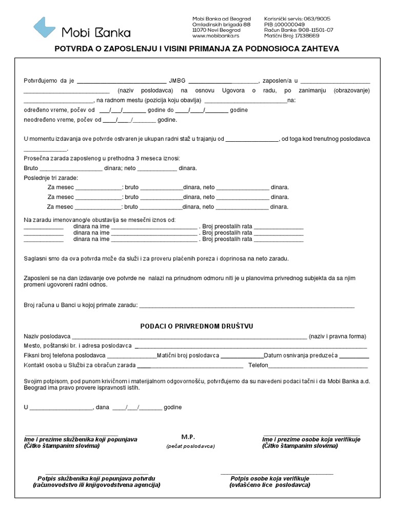 Potvrda o Zaposlenju I Visini Zarade Mobi - Prazan | PDF