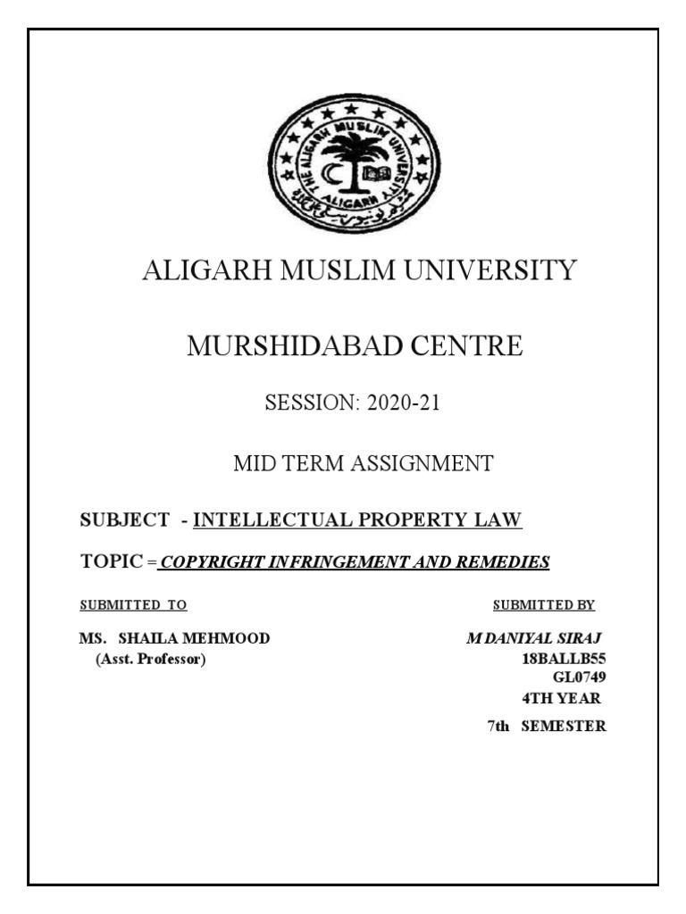 AMU Murshidabad Centre Mid Term Assignment on Copyright Infringement ...