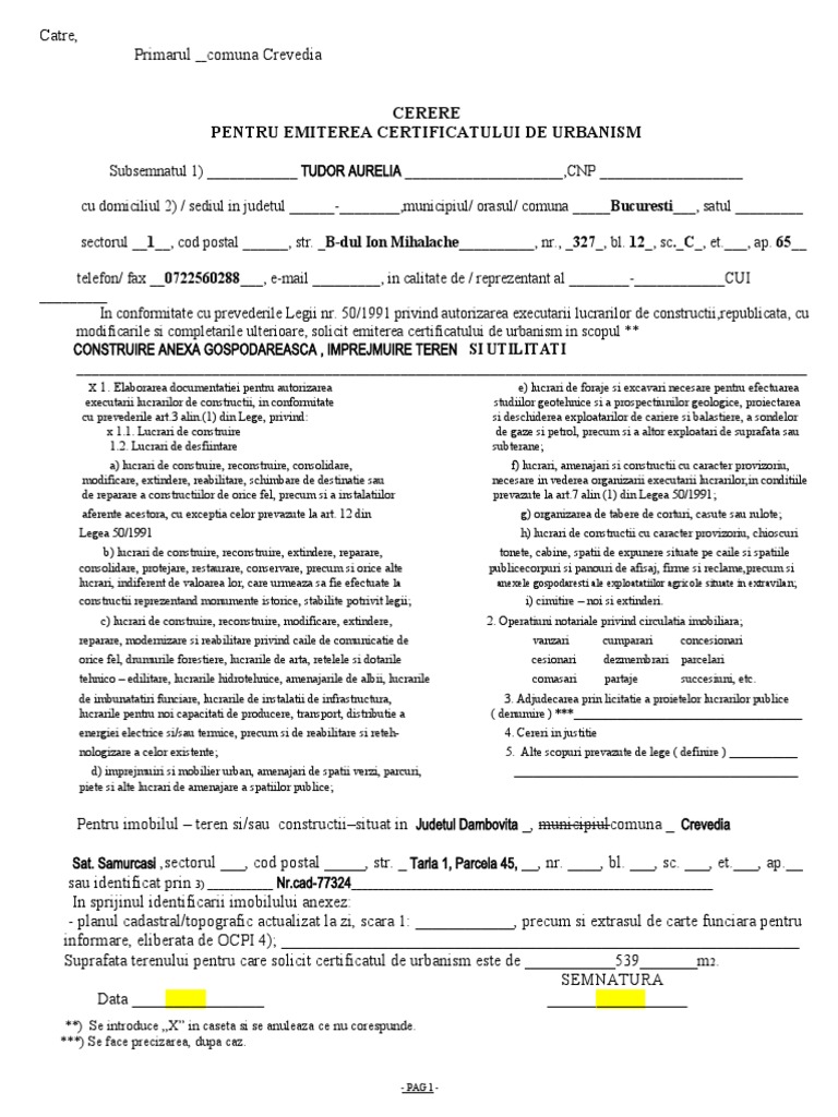 Cerere Certificat de Urbanism | PDF