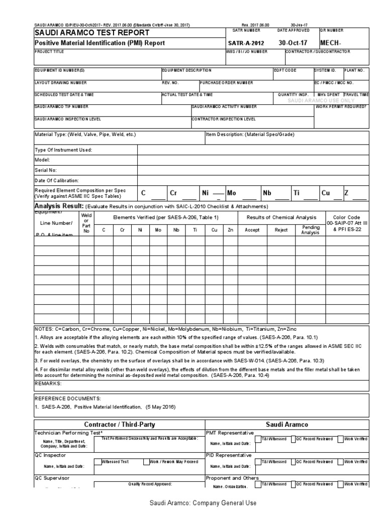 Saudi Aramco Test Report: Positive Material Identification (PMI) Report ...
