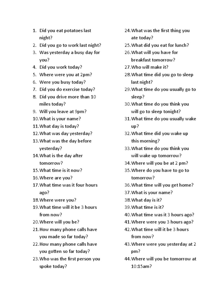 1588 Yes No Info Questions | PDF | Workweek And Weekend | Foods