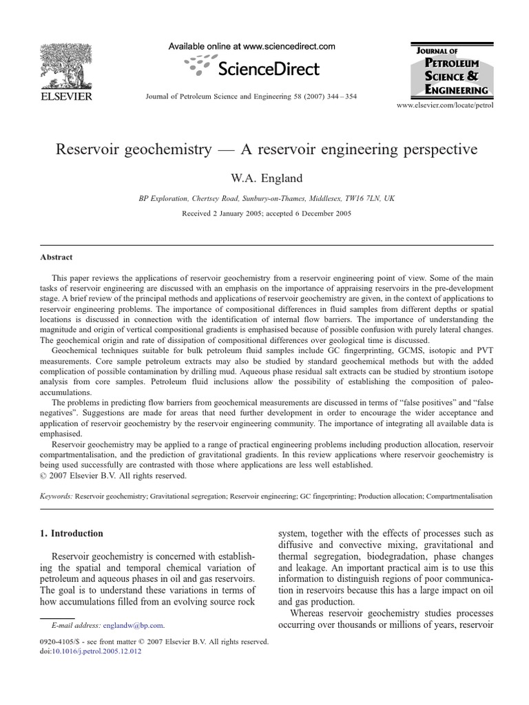 Reservoir Geochemistry - Reservoir Engineering Perspective, ENGLAND W.A ...